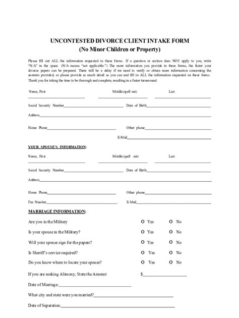 Fillable Online Uncontested Divorce Client Intake Form No Fax Email Print Pdffiller