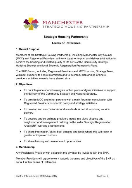 Draft Terms Of Reference Manchester Strategic Housing Partnership