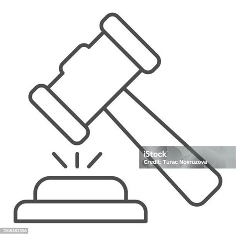 판사 망치 얇은 라인 아이콘입니다 법원 판사는 판결 또는 경매 정의의 속성 법학 벡터 디자인 개념 흰색 배경에 윤곽 스타일 그림 웹 및 응용 프로그램에 사용 Eps 10