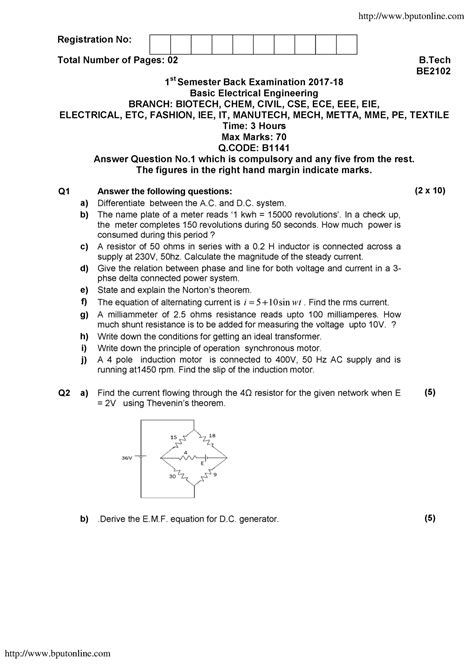 Btech 1 Sem Basic Electrical Engineering Be2102 2018 Registration No