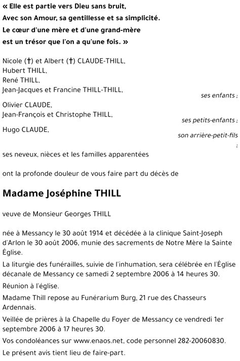 Avis De Décès De Joséphine Thill Décédé Le 30 08 2006 à Arlon Annonce Condoléances Fleurs