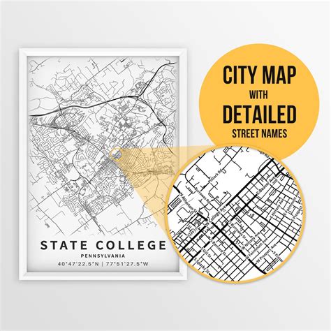 Printable Map Of State College Pennsylvania Usa With Street Names
