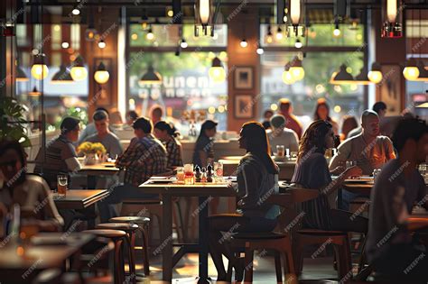 Busy Restaurant With Customers And Staff Moving About Premium Ai