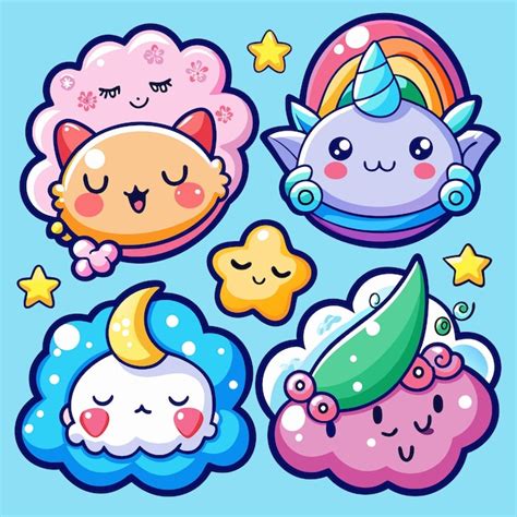 Cute Cloud Characters With Stars And Rainbow Premium Ai Generated Vector