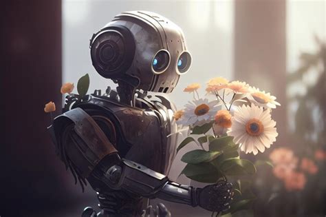 Premium Photo A Human Like Ai Robot Collects Flowers The Robotic Object Experiences Feelings