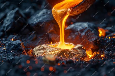 Molten Gold Pouring Onto Black Rocks Premium Ai Generated Image
