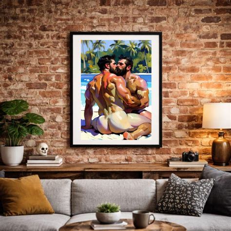 Sensual Gay Bear Tropical Beach Couple Art Print Mid Century Modern