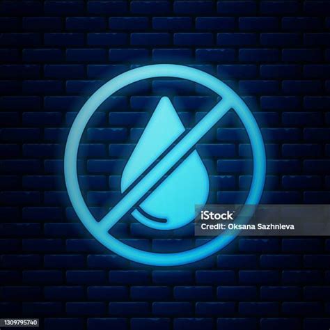 벽돌 벽 배경에 고립 된 빛나는 네온 워터 드롭 금지 아이콘 물 표지판이 없습니다 벡터 개념에 대한 스톡 벡터 아트 및 기타 이미지 개념 경계 표지 금지됨 Istock
