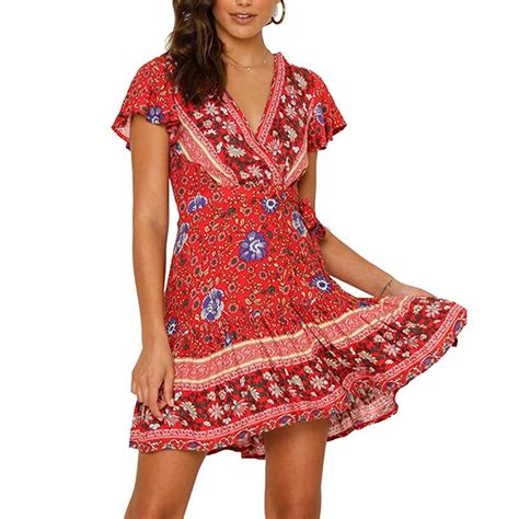 Fiomva Flower Print V Neck Clubwear Casual Summer Short Sleeve Beach