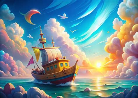 A Whimsical Cartoon Boat Trip Across Sunny Seas A Panoramic