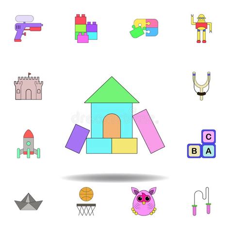 Kreskwka Domu Zabawki Barwiona Ikona Set Dziecko Zabawek Ilustracji Ikony Znaki Symbole Mogą