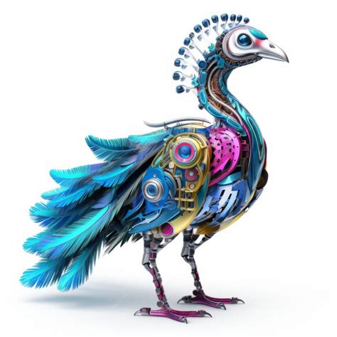 Premium Ai Image Colorful Peacock Robot Robotic Bird Isolated Over White Background