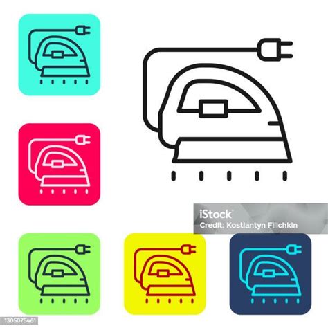 흰색 배경에 격리 된 검은 줄 전기 철 아이콘 스팀 아이언 색상 정사각형 단추로 아이콘을 설정합니다 벡터 가사 집안일에 대한