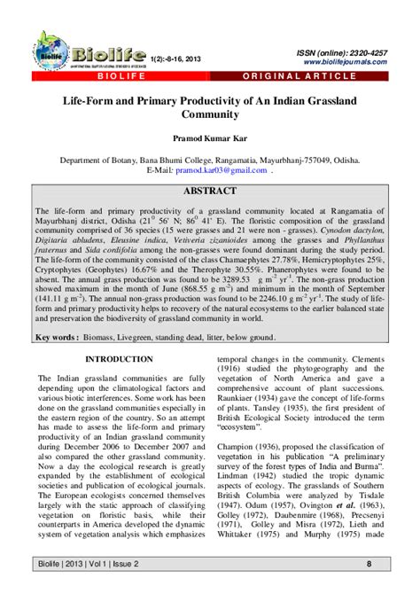 Pdf Life Form And Primary Productivity Of An Indian Grassland Community