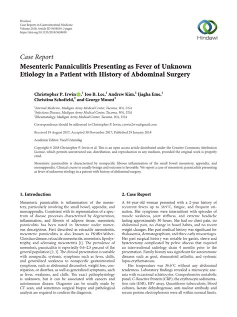Pdf Mesenteric Panniculitis Presenting As Fever Of Unknown Etiology In A Patient With History