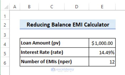 Reducing Balance EMI Calculator In Excel Sheet Create With Easy Steps
