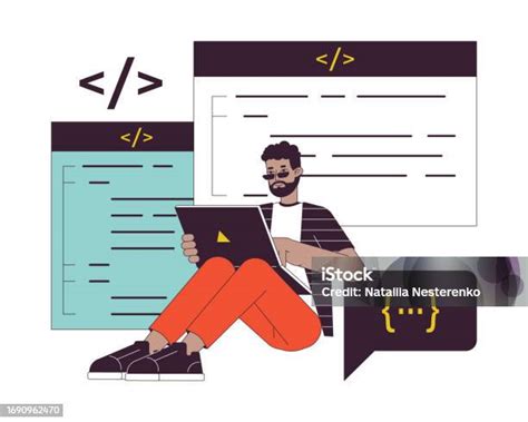 programmer duduk dengan ilustrasi titik vektor konsep garis datar