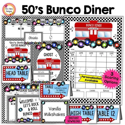 50s Diner Bunco Party Kit Score Cards Table Signs Pdf Download