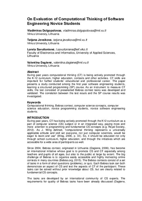Pdf On Evaluation Of Computational Thinking Of Software Engineering