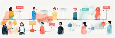 A Watercolor Illustration Depicting A Network Of Individuals Connected By Lines And Arrows Sym