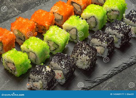 Set Of Assorted Japanese Sushi Food Stock Image Image Of Cheese