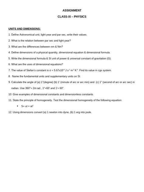 Assignment Units And Dimensions Xi Pdf