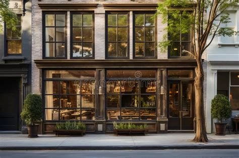 Elegant Cafe Facade Large Windows Wooden Accents City Street Setting