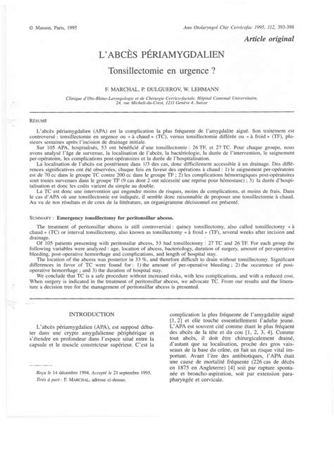 Pdf Peritonsillar Abscess Emergency Tonsillectomy