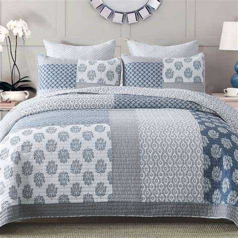 Bedduvit King Quilt Set 100 Cotton Blue Gray Floral Patchwork