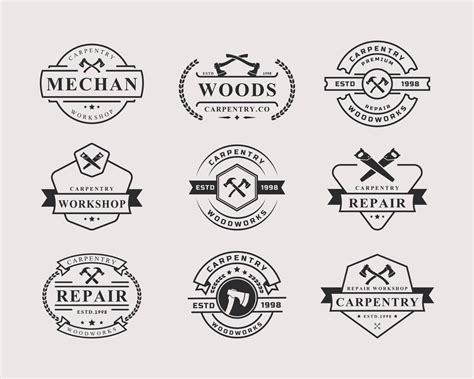 Set Of Vintage Retro Badge Working Tools Carpentry Workshop Labels