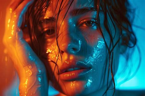 A Woman With A Wet Face And Her Hand On Her Face Premium Ai Generated