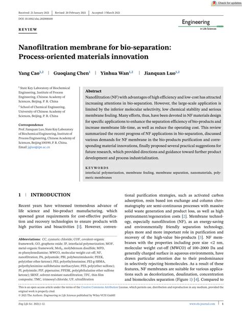 Pdf Nanofiltration Membrane For Bio Separation Process Oriented Materials Innovation
