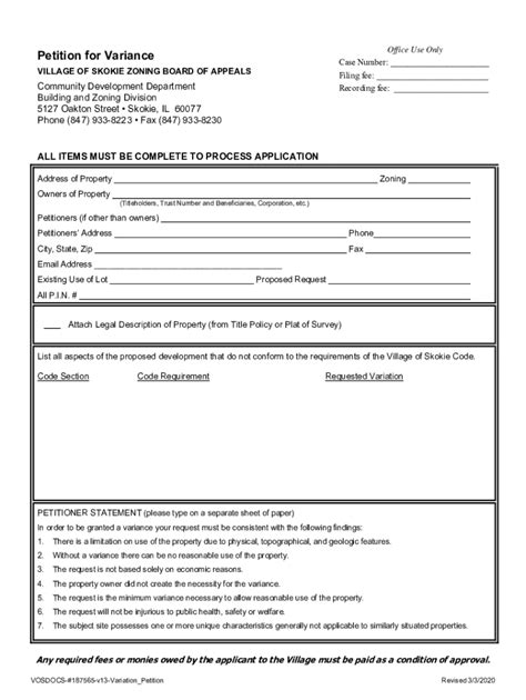 Fillable Online Petition For Variance Form Centerskokie