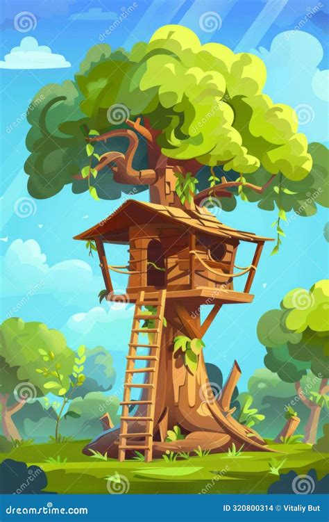 A Cartoon Illustration Of A Quaint Wooden Treehouse Perched Atop A