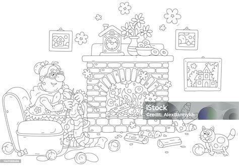 Funny Granny Knitting By A Bricky Fireplace Stock Illustration