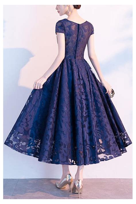 Retro Lace Tea Length Semi Formal Dress With Cap Sleeves 6948