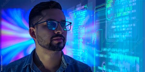 Portrait Of Software Developer Hacker Wearing Glasses Sitting At His