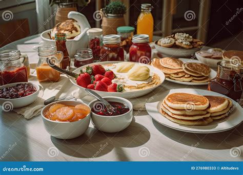 Breakfast Spread With Pancakes Strawberries And Homemade Jam Stock