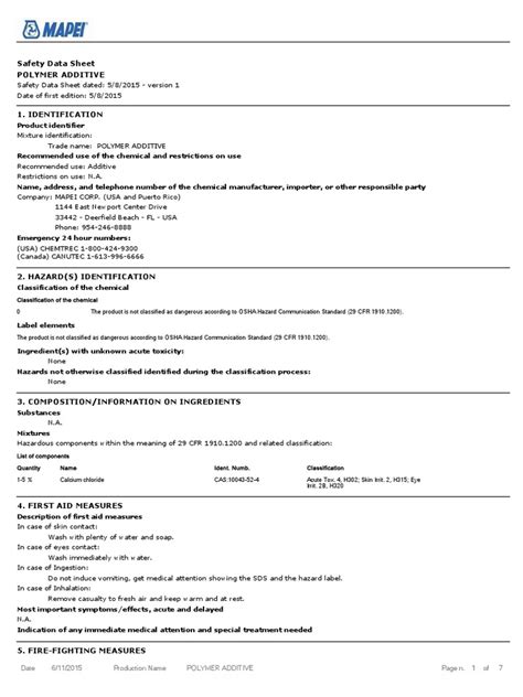 Safety Data Sheet Polymer Additive Classification Of The Chemical Pdf Dangerous Goods Sodium