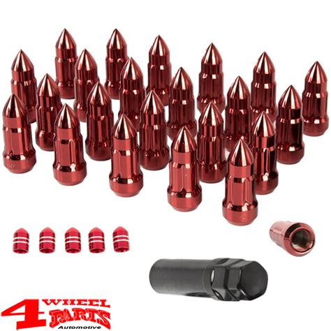 Wheel Lug Nut Set 23 Pce With 5 Stem Valve Caps Red Steel Bullet Sty