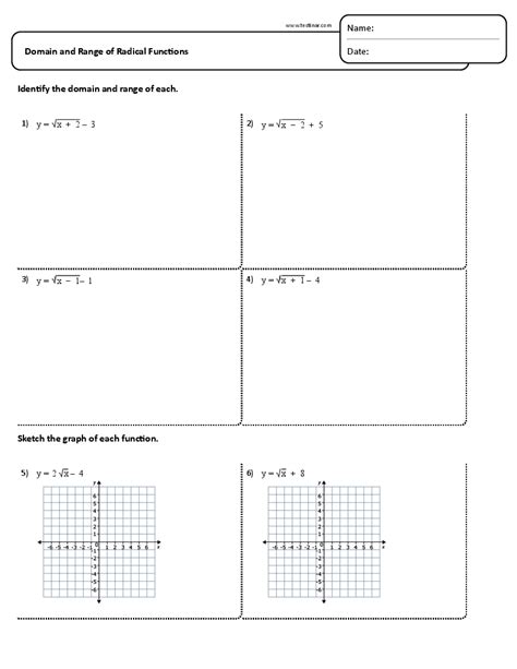 Domain And Range Of Radical Functions Worksheets