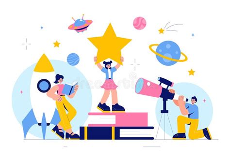 Astronomy Vector Illustration Featuring People Observing A Starry Night