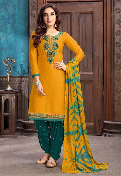 Embroidered Cotton Satin Punjabi Suit In Mustard Indian Fashion