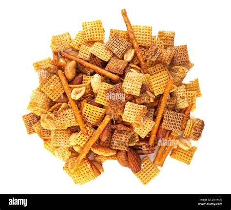 Serving Of Homemade Cereal Nut And Prezel Trail Mix Isolated On A White