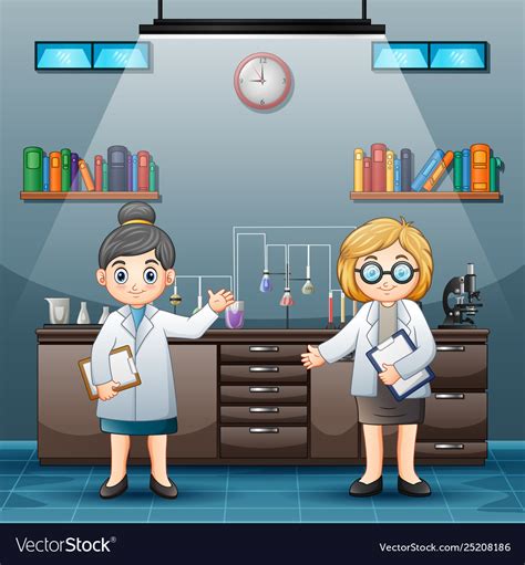 Two Female Scientist In White Lab Coats A Labor Vector Image