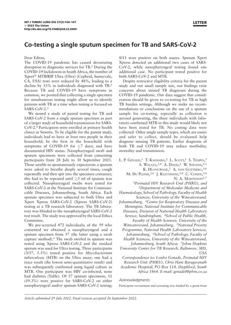 Pdf Co Testing A Single Sputum Specimen For Tb And Sars Cov 2