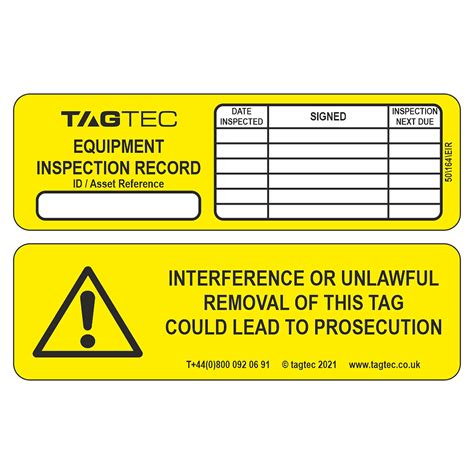 Equipment Inspection Tag X 50 Tagtec