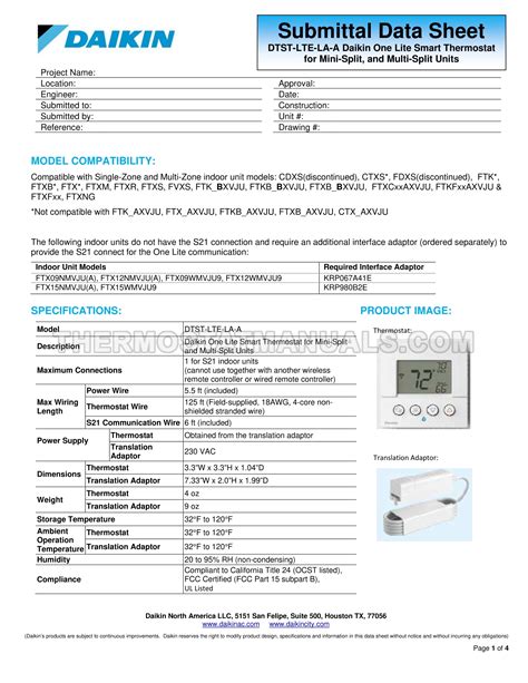 Daikin One Lite Thermostat Submittal Data Sheet Daikin One Lite Thermostat Submittal Data Sheet
