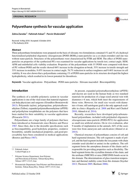 Pdf Polyurethane Synthesis For Vascular Application