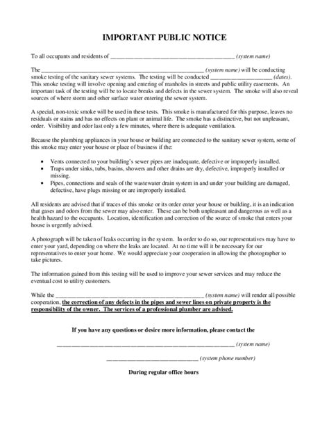 Fillable Online Sanitary Sewer Smoke Testing Public Notice Fax Email Print Pdffiller